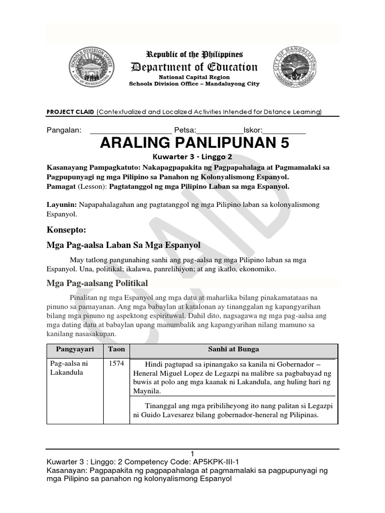 Araling Panlipunan 5: Kuwarter 3 - Linggo 2 | PDF
