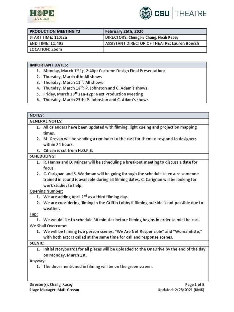 Production Meeting Minutes 2 | PDF