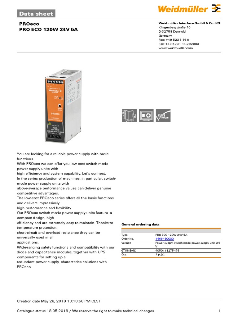Weidmüller PROeco 120W 24V 5A Data Sheet | PDF | Alternating Current ...