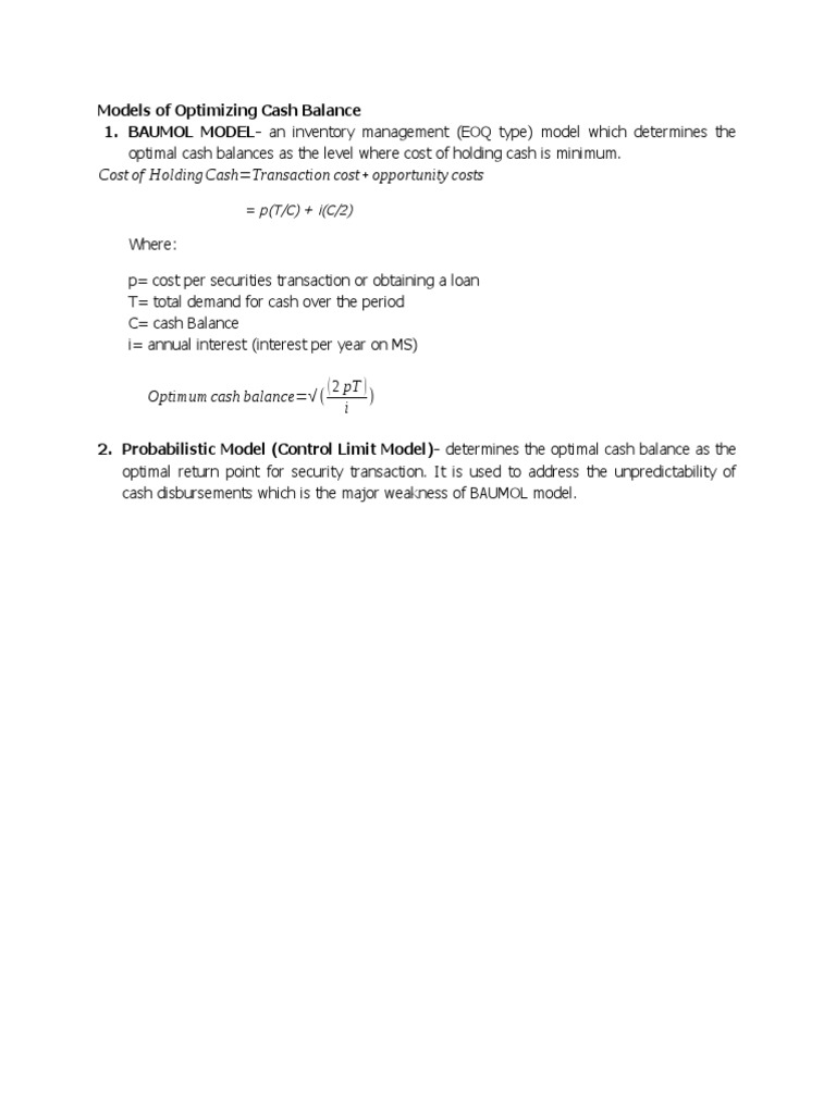 Models of Optimizing Cash Balance | PDF
