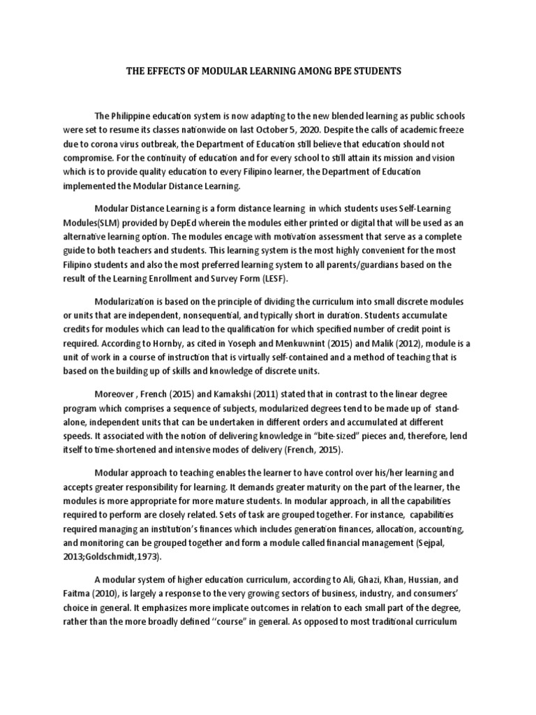 The Effects of Modular Learning Among Bpe Students | Download Free PDF ...