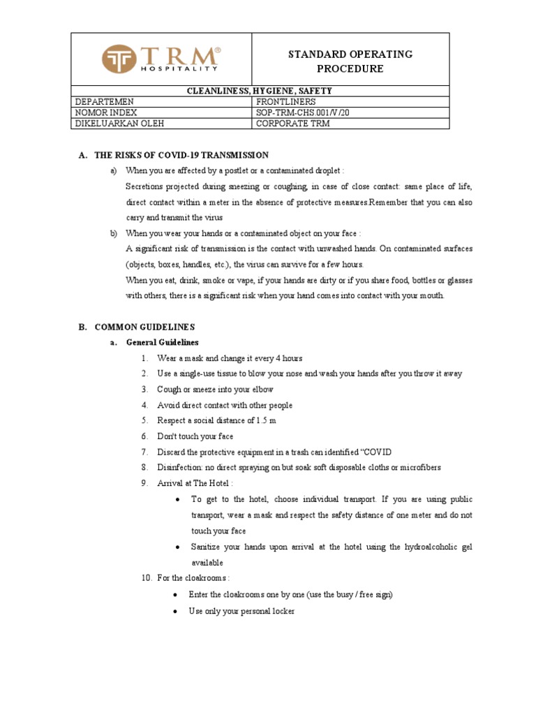 Cleanliness, Hygiene, Safety: Standard Operating Procedure | PDF ...