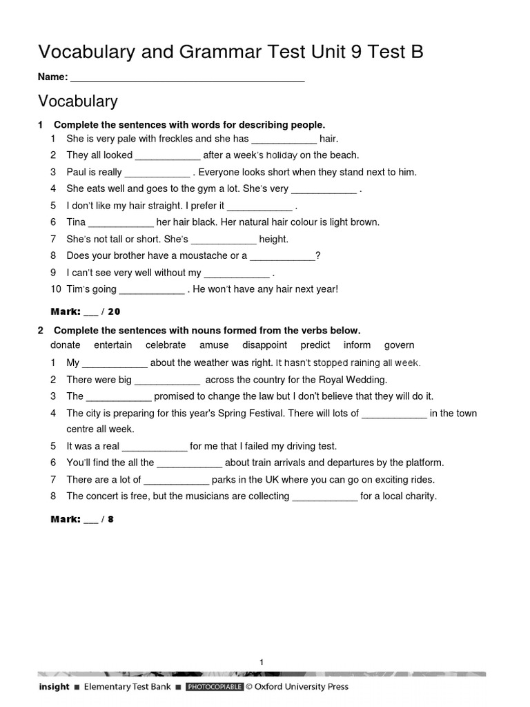 Unit 9 Vocabulary and Grammar Test B | PDF