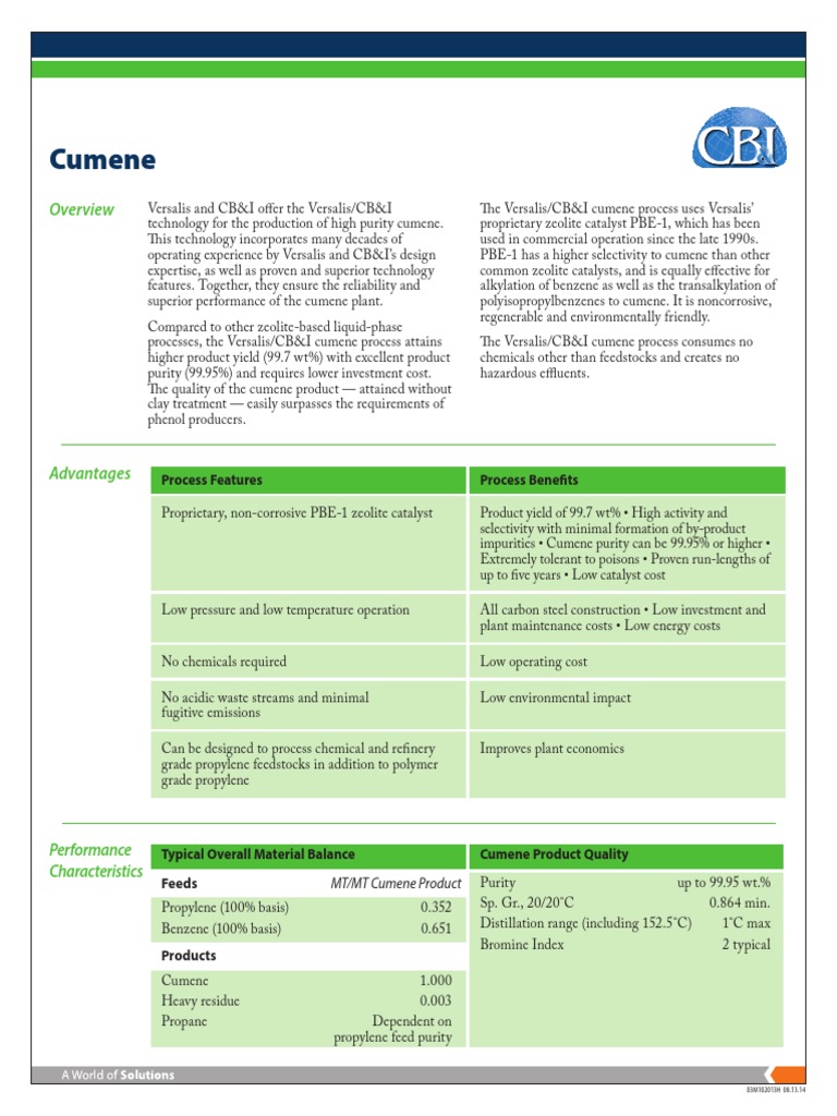 Cumene: Process Features Process Benefits | PDF | Benzene | Catalysis