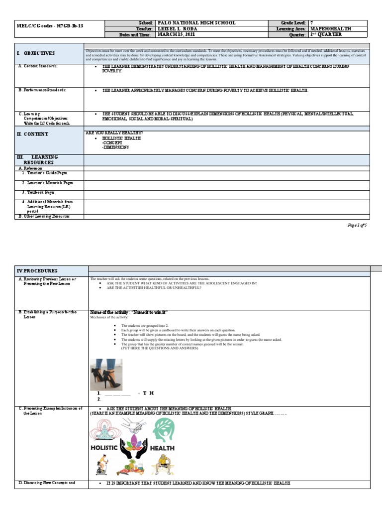 My LP Mapeh 7 Health (JHS) | PDF | Educational Assessment | Teachers
