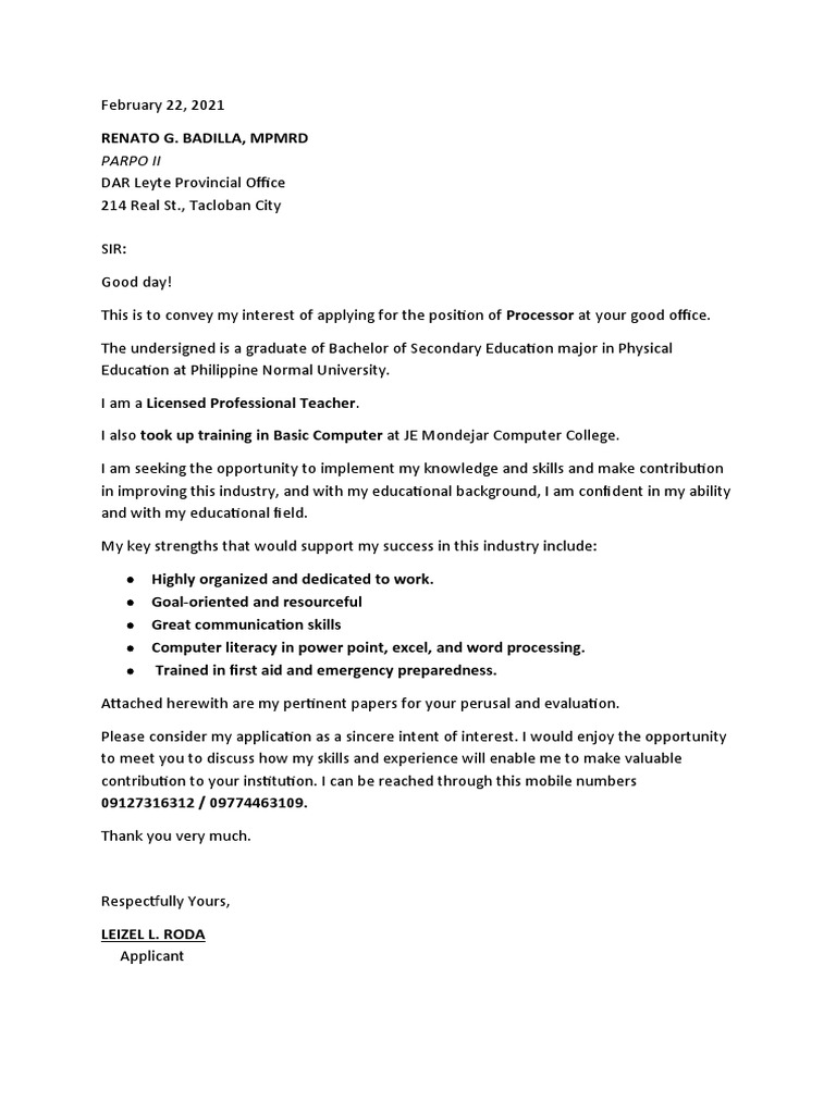 Application Letter DAR (Processor) | PDF