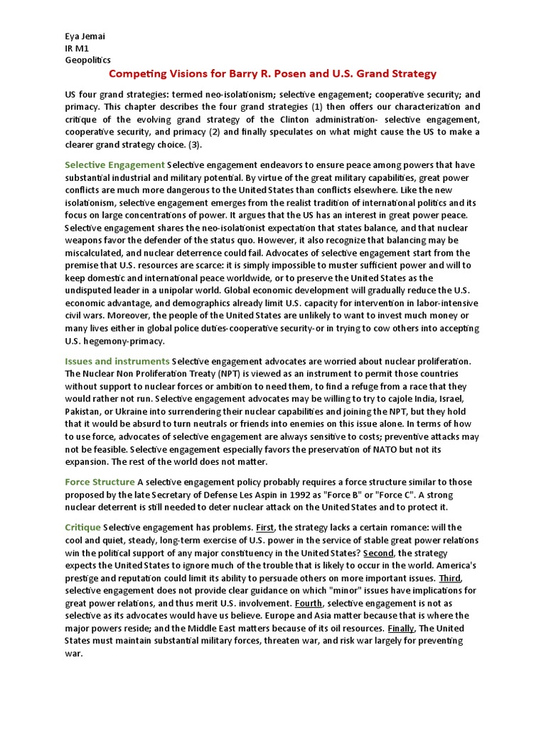 Competing Visions For Barry R. Posen and U.S. Grand Strategy | PDF ...
