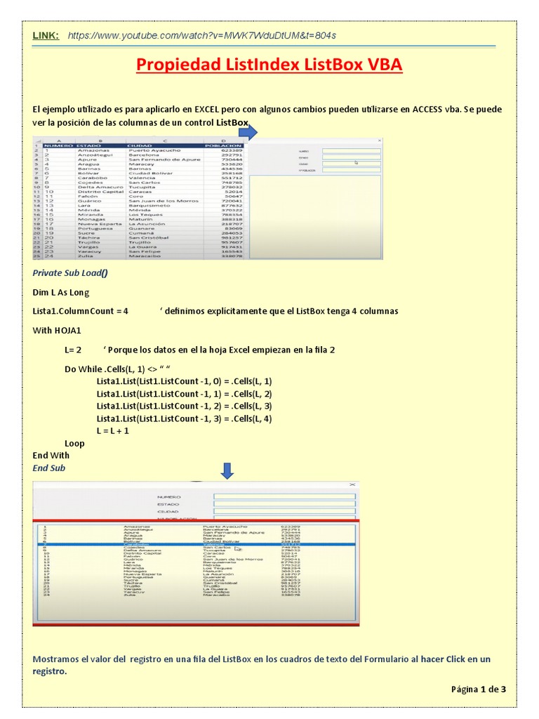 Propiedad Listindex Listbox Vba Pdf Microsoft Excel Ciencias De La Computación