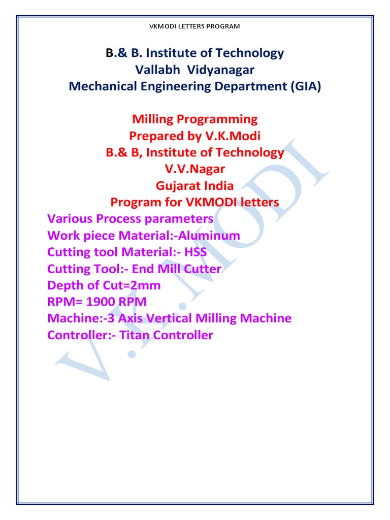 CNC Milling Program of Letters V K MODI | PDF | Cutting Tools | Cutting