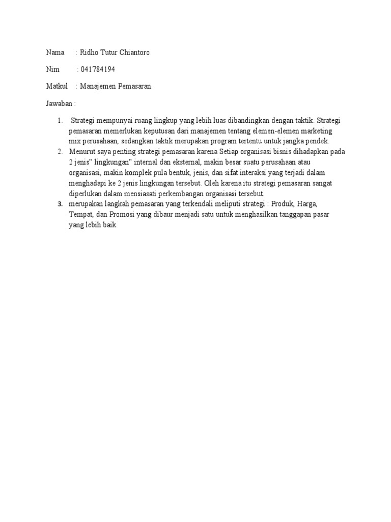 Tugas 2 Manajemen Pemasaran | PDF | Karier & Perkembangan | Bisnis