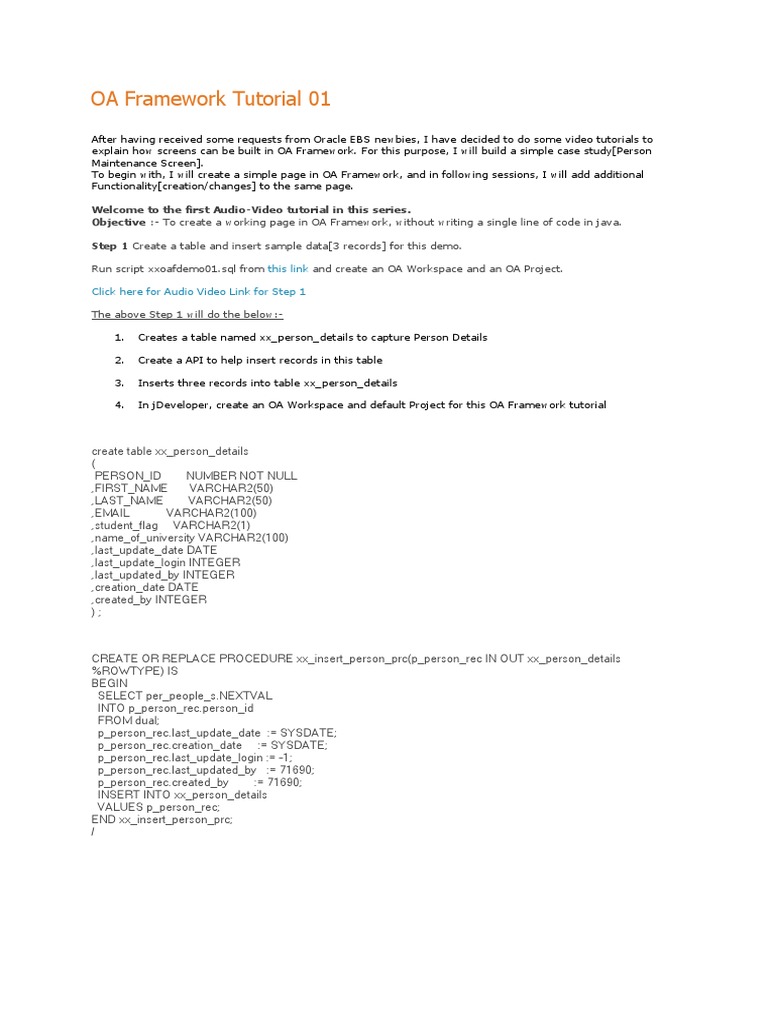 Oa Framework Tutorial 01 Run Script Xxoafdemo01 Sql From And Create An Oa Workspace And An Oa