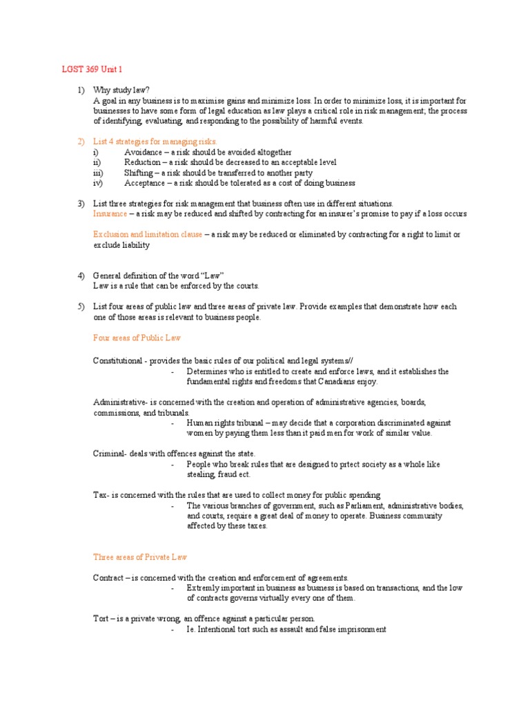 2) List 4 Strategies For Managing Risks.: LGST 369 Unit 1 | PDF | Tort ...
