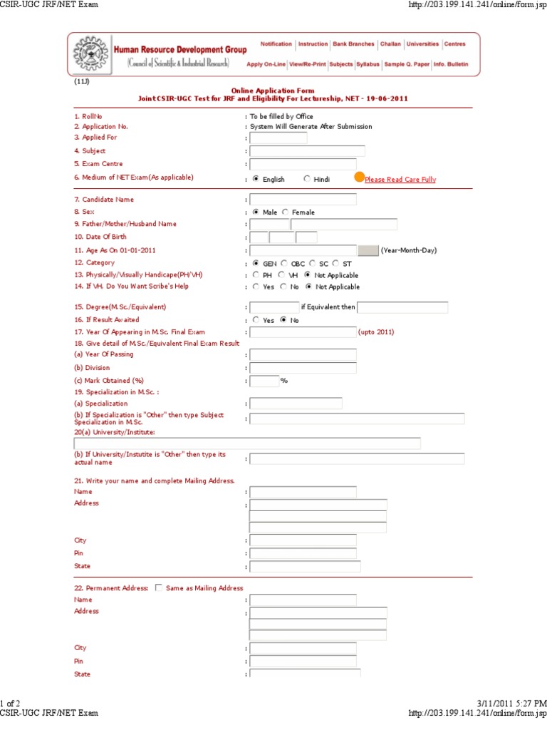 CSIR-UGC JRF NET Exam Application Form | PDF | Test (Assessment)