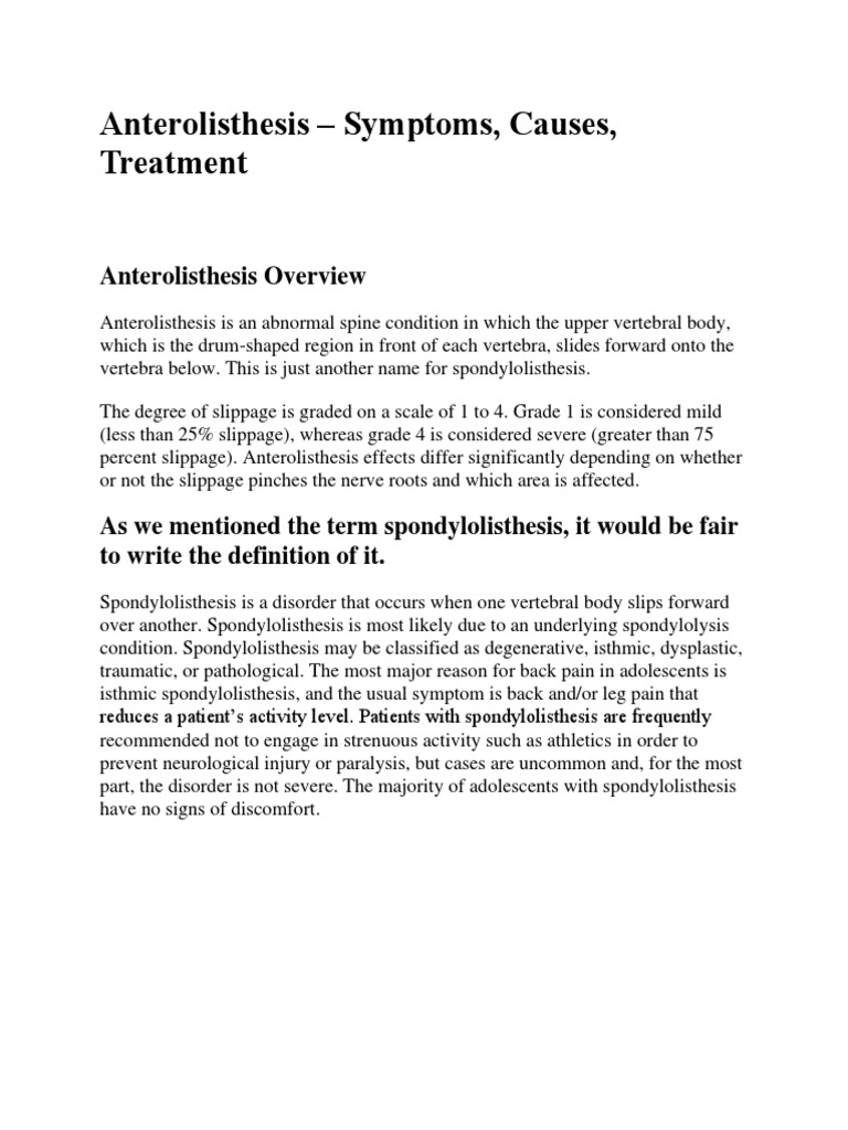 Anterolisthesis - Symptoms, Causes, Treatment | PDF | Medical ...