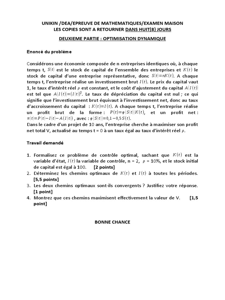 UNIKIN-DEA-Epreuve de Mathematiques-Optimisation Dynamique | PDF ...