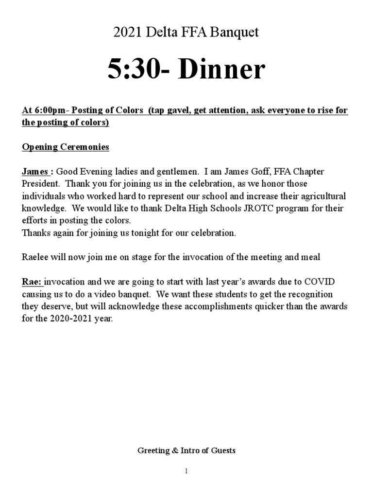 2021 Delta Ffa Banquet Script | PDF | Agriculture | Agriculture