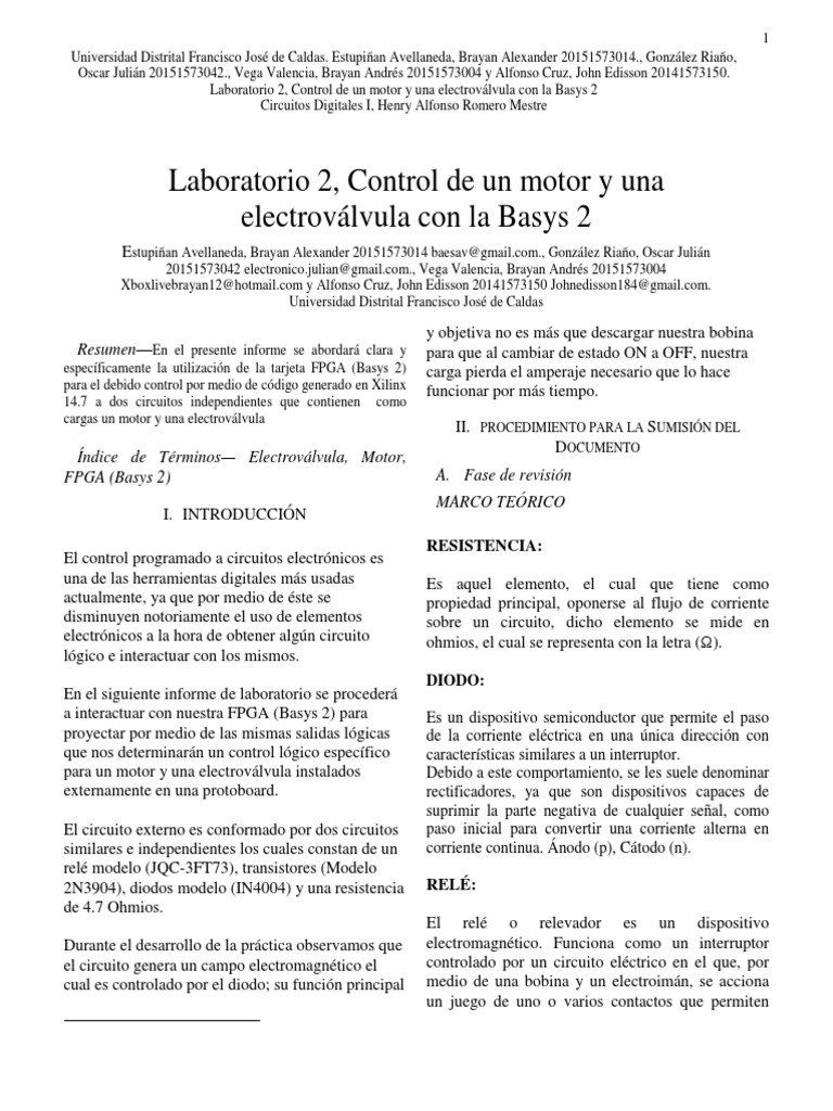 Laboratorio 2, (Control de Un Motor y Una Electroválvula Con La Basys 2) | PDF | Transistor | Relé