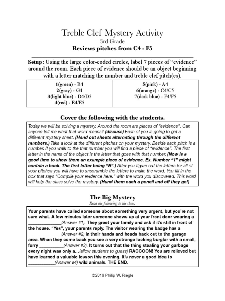 Treble Clef Mystery Activity: 3rd Grade | PDF | Chess | Chess Theory