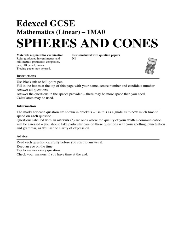 Spheres And Cones Edexcel Gcse Pdf Sphere Volume