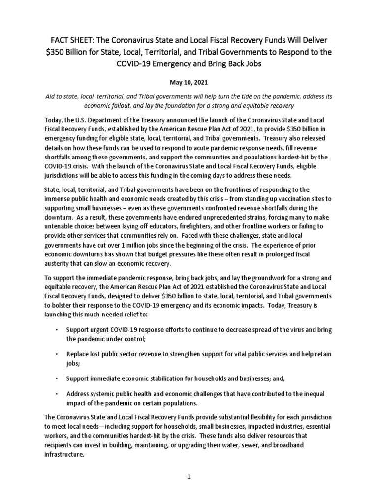 State and Local Fiscal Recovery Funds Fact Sheet | Download Free PDF ...