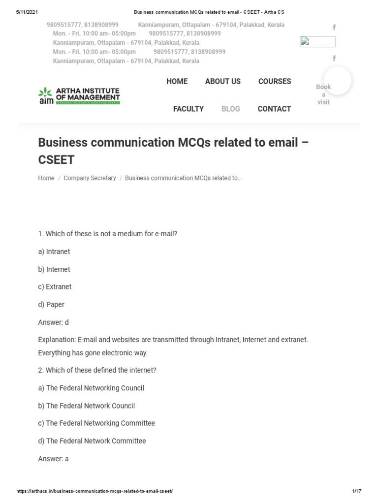 Business Communication MCQs Related To Email - CSEET - Artha CS | PDF ...