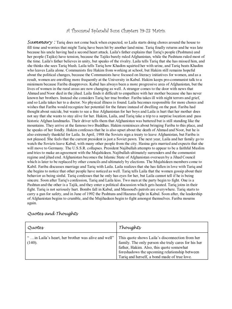 A Thousand Splendid Suns Chapters 19 To 23 Matrix | PDF | Afghanistan ...