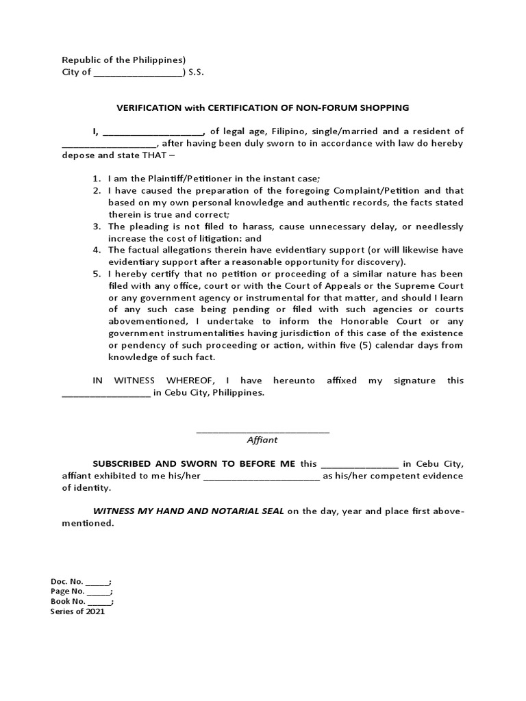 Verification and Certification of Non-Forum Shopping | PDF