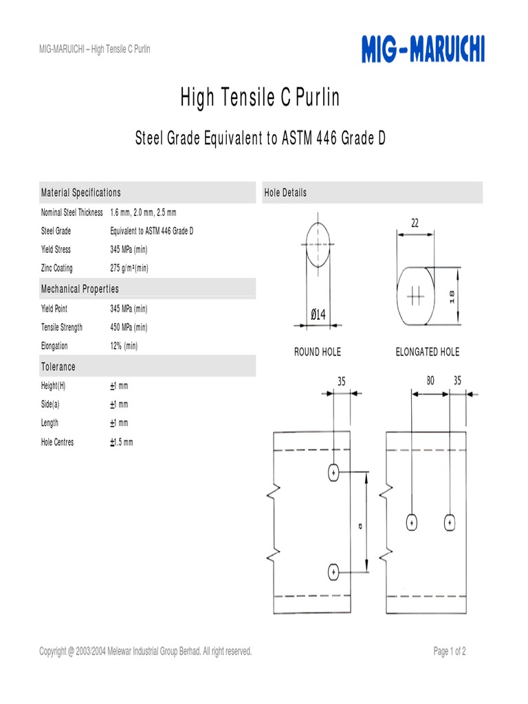 High Tensile C Purlin: Steel Grade Equivalent To ASTM 446 Grade D | PDF ...