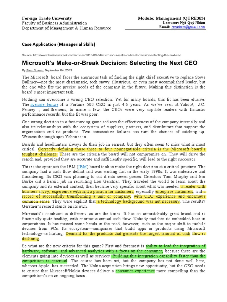 Microsoft's Make-or-Break Decision: Selecting The Next CEO: Case ...