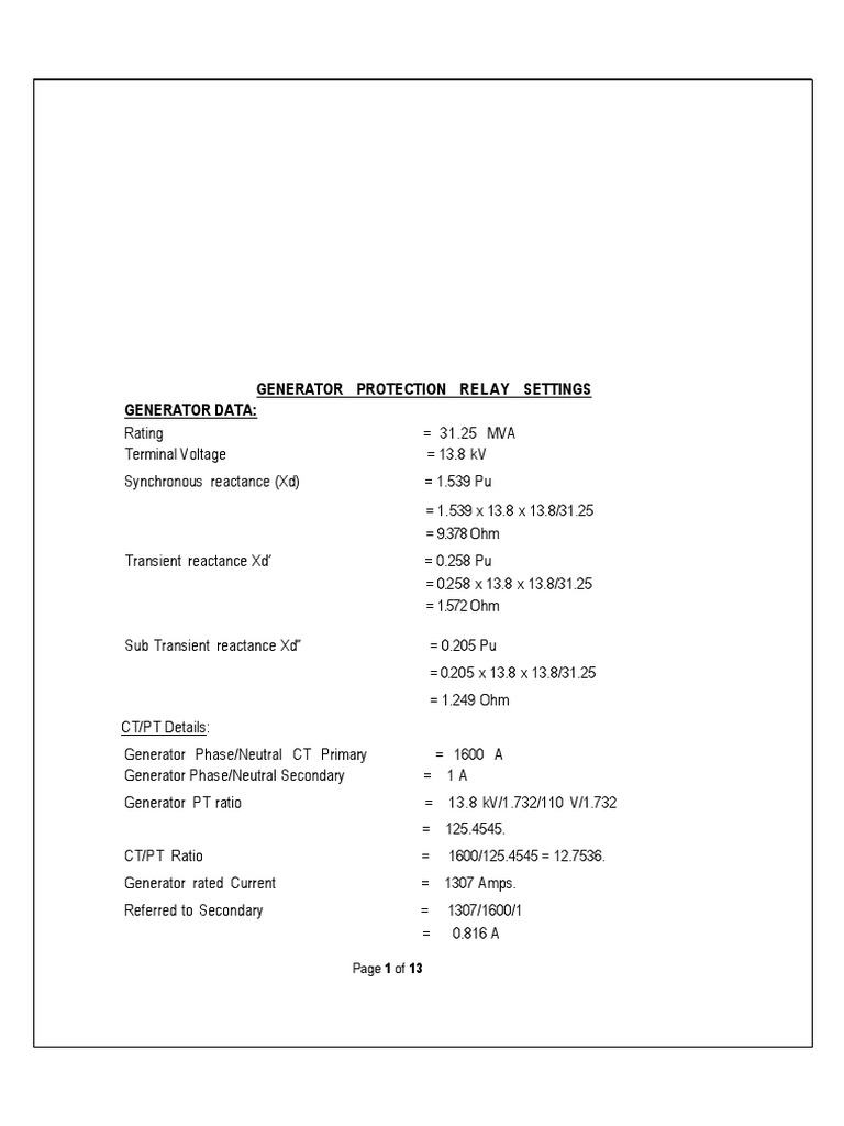 Generator Protection Relay Settings for a 25MW Multi-Fuel Fired ...