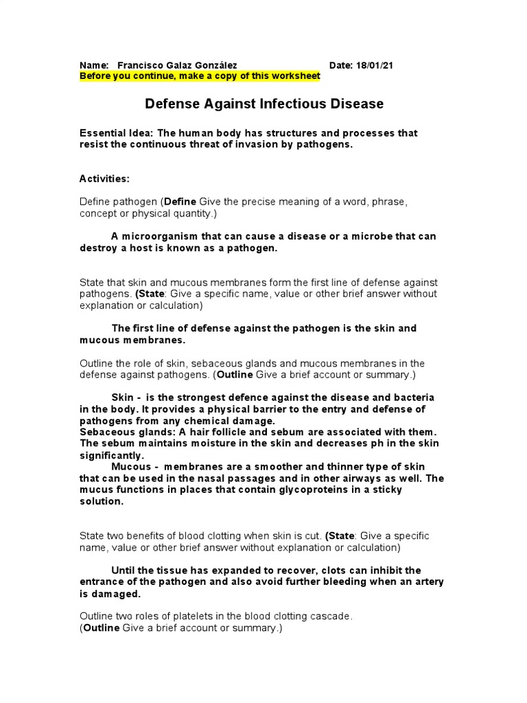 Copia de Defense Against Infectious Disease Worksheet | PDF ...