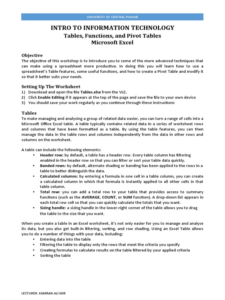 Intro To Information Technology: Tables, Functions, and Pivot Tables Microsoft Excel | PDF ...
