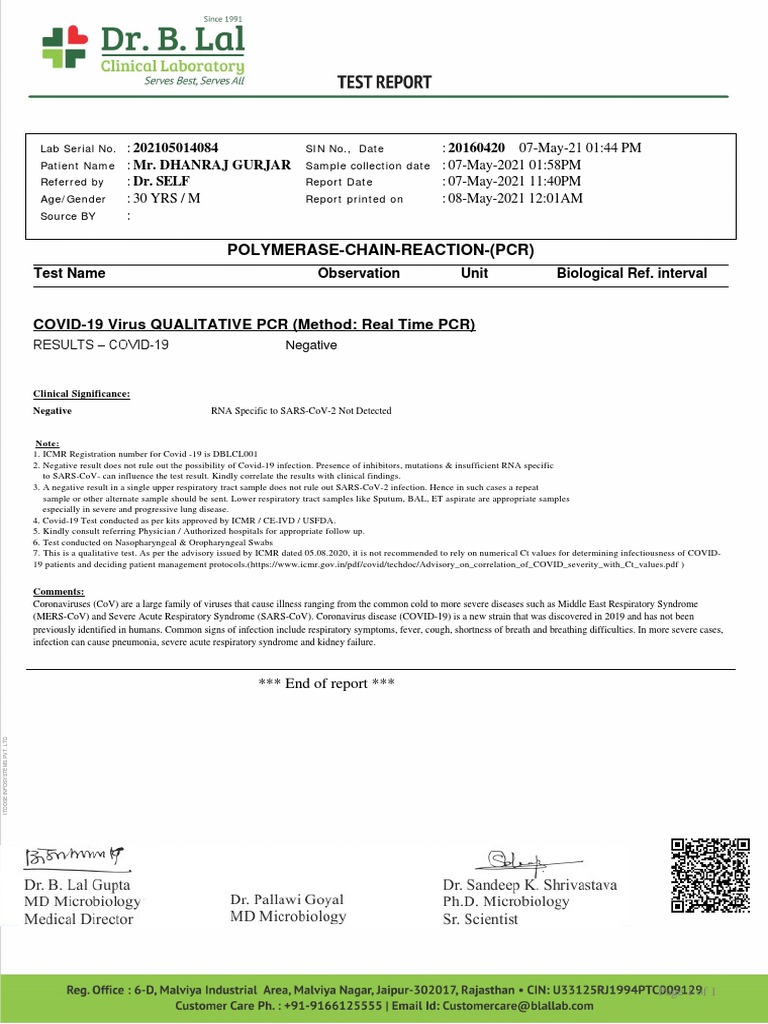 Negative COVID-19 PCR Test Results for Mr. Dhanraj Gurjar with ...