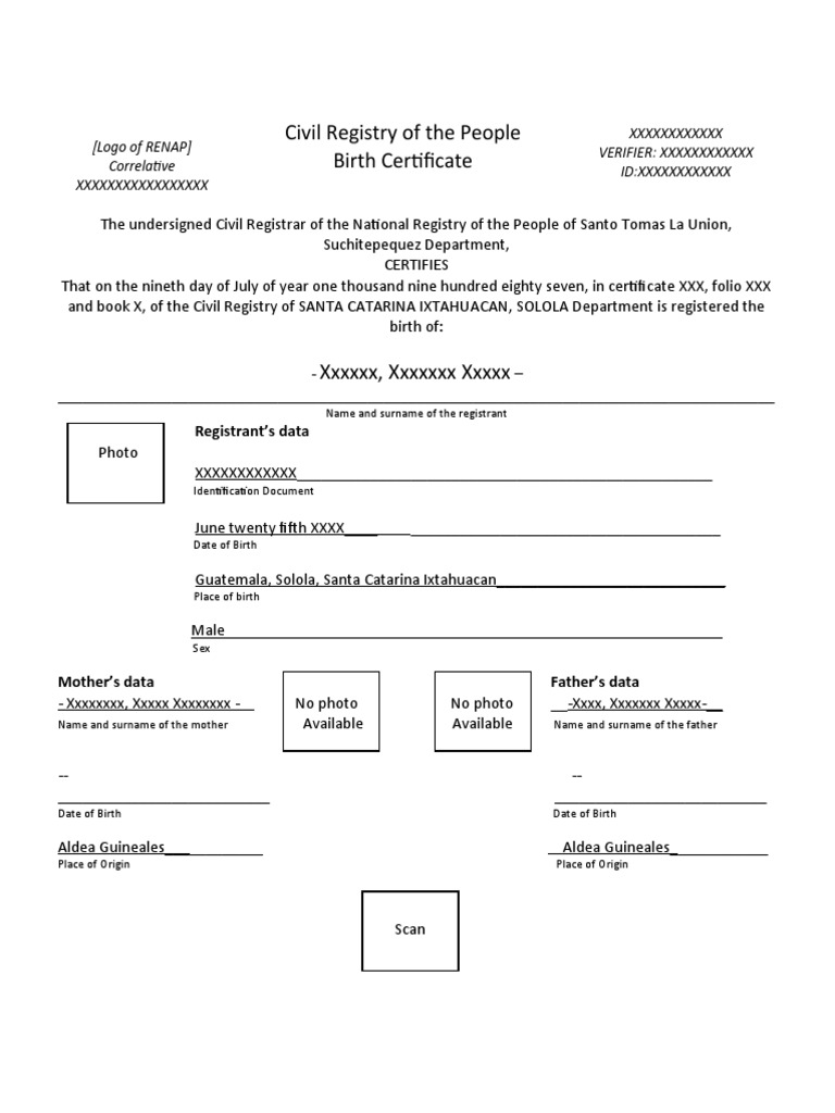 RENAP Guatemalan Birth Certificate Template | PDF | Birth Certificate | Written Communication
