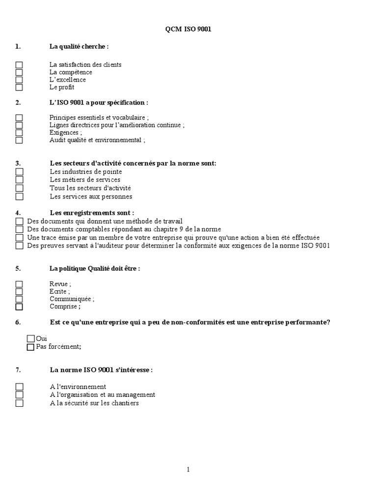 QCM sur la norme ISO 9001 | PDF | Management de la qualité | Économie