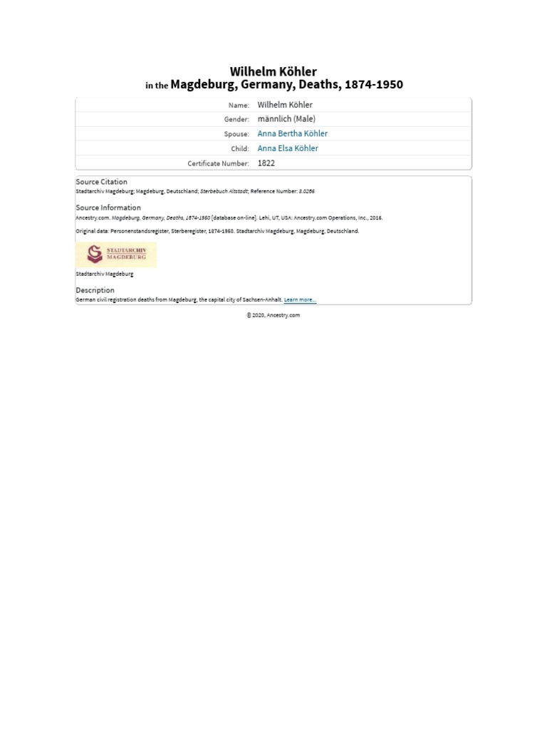 Magdeburg, Germany, Deaths, 1874-1950 - Ancestry - Com 0a | PDF