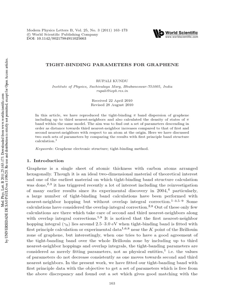 Tight-Binding Parameters For Graphene | PDF | Molecular Orbital | Graphene