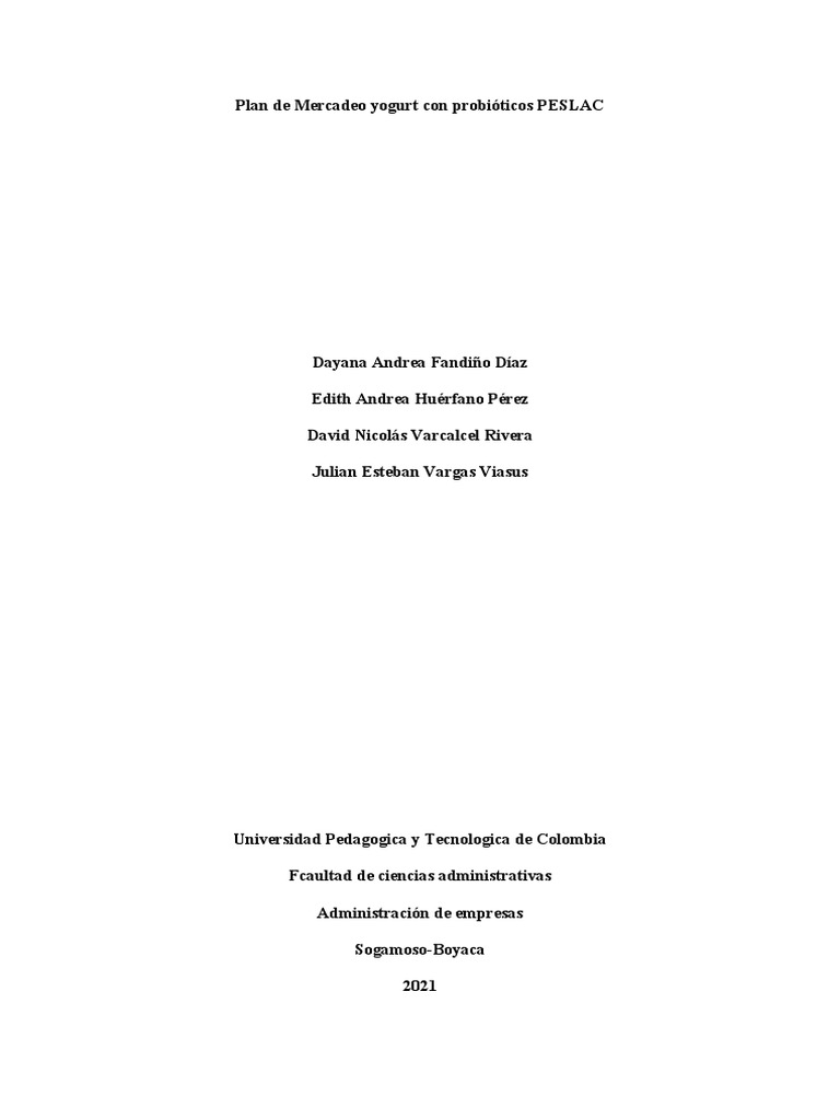 Plan de Mercadeo Yogurt Con Probióticos PESLAC | PDF | Yogur | Productos lácteos