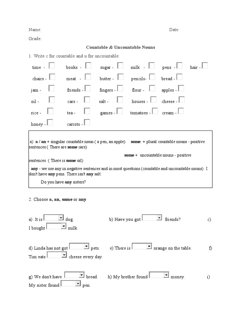 Name: Date: Grade | PDF | Noun | Linguistic Morphology