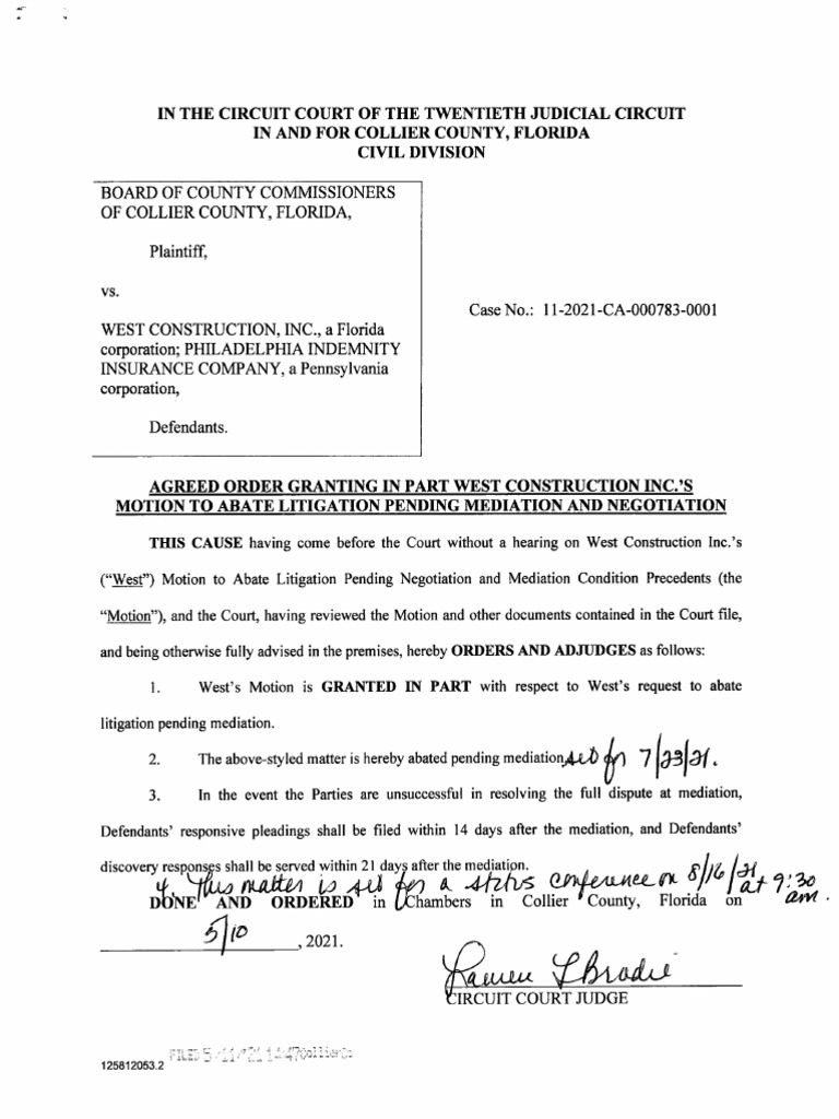Agreed Order Granting in Part West Construction Motion To Abate ...