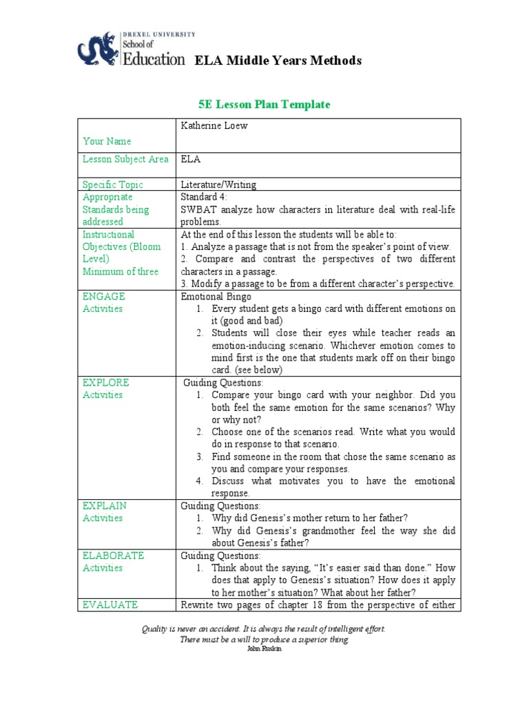 Ela 5e Lesson Plan | PDF | Lesson Plan | Communication