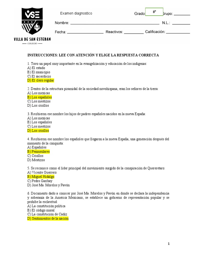 HISTORIA 8° Examen Diagnostico | PDF | Nueva españa | América del Norte
