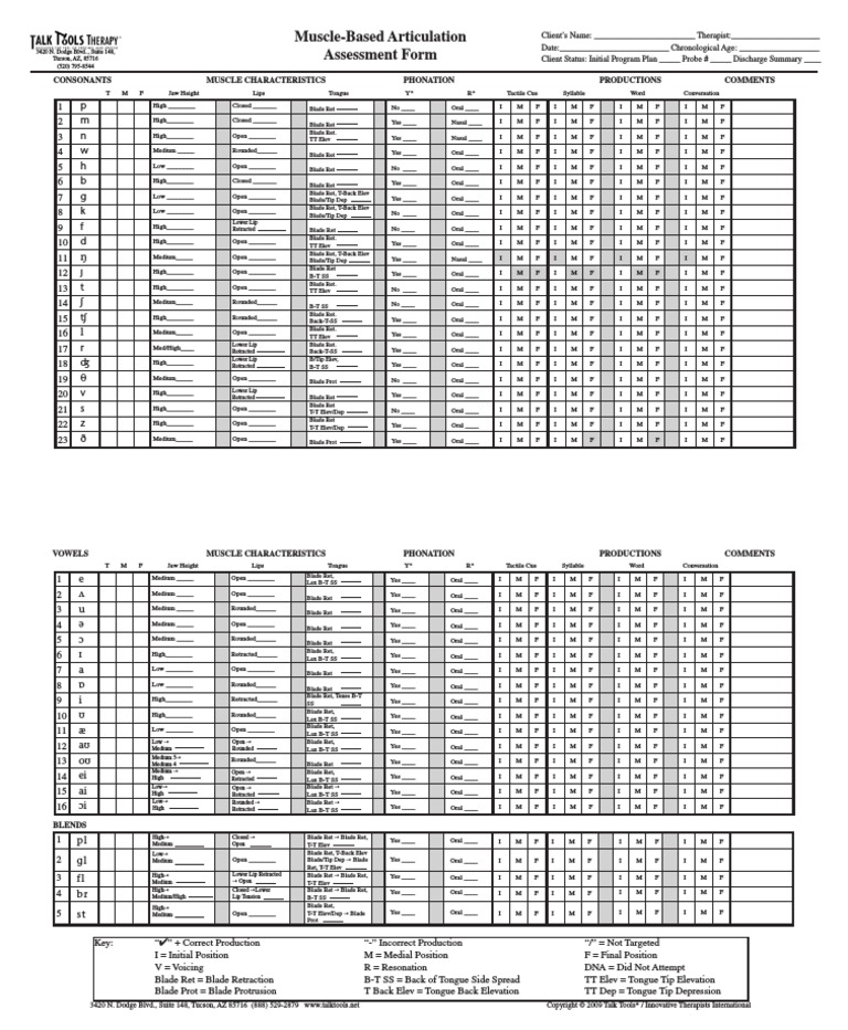 Muscle Based Articulation Assessment Form | PDF | Tongue | Phonology