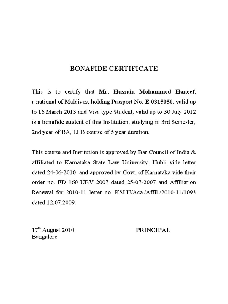 Bonafide Certificate for Students | PDF