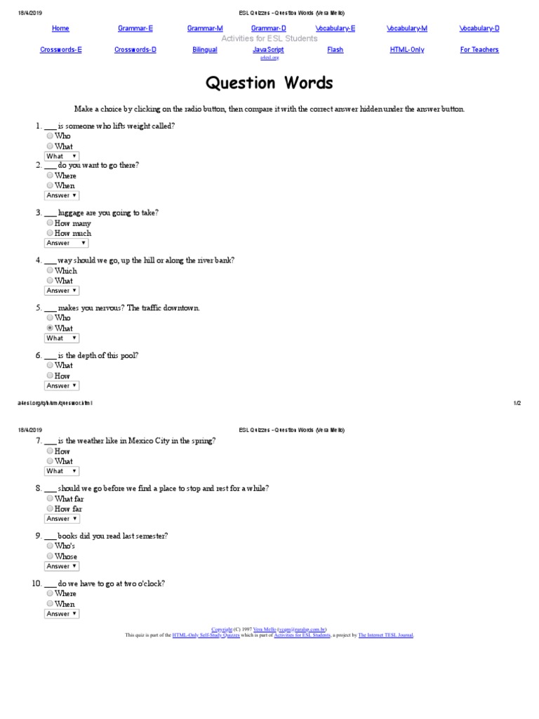 ESL Quizzes - Question Words | PDF | Quiz Games | Leisure