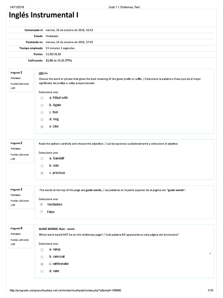 Quiz 1 I - Dictionary Test | PDF | Idiomas