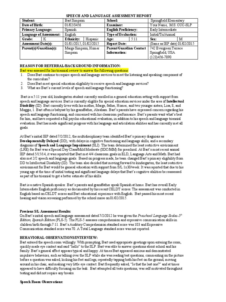 PLS-5 Spanish Assessment for Bart Simpson | PDF | Speech ...
