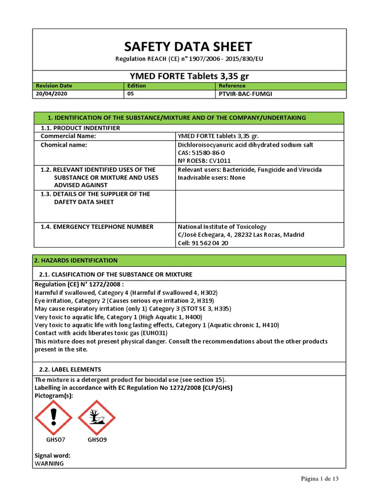 Safety Data Sheet: YMED FORTE Tablets 3,35 GR | PDF | Dangerous Goods ...