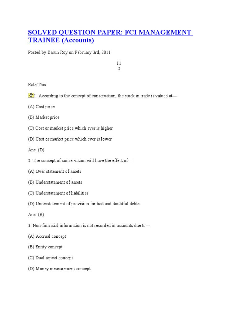 Solved Question Paper: Fci Management TRAINEE (Accounts) | Download ...