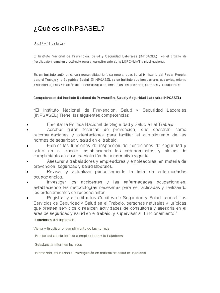 Qué Es El INPSASEL | Descargar gratis PDF | Derecho laboral | Seguridad ...